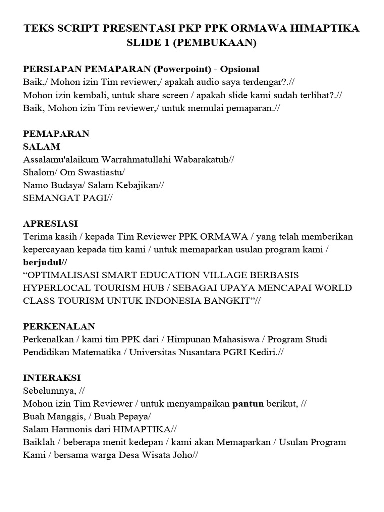 1 - Teks Script Presentasi PKP PPK Ormawa Himaptika | PDF