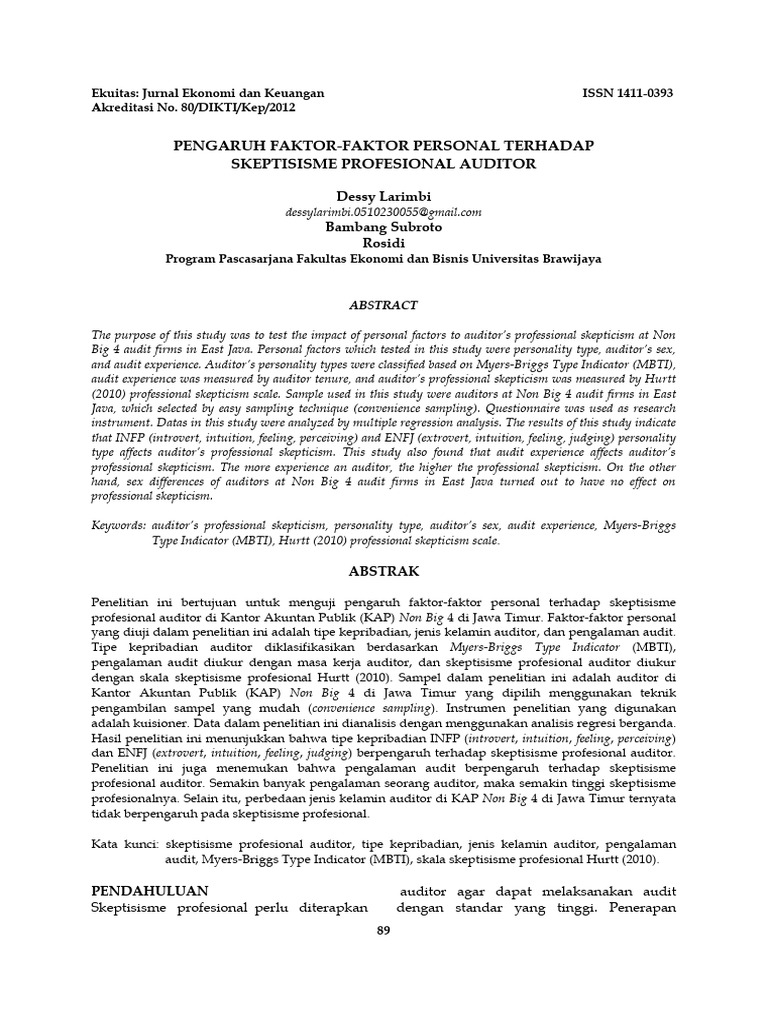 Pengaruh Faktor-Faktor Personal Terhadap Skeptisisme Profesional Auditor | PDF | Karier ...