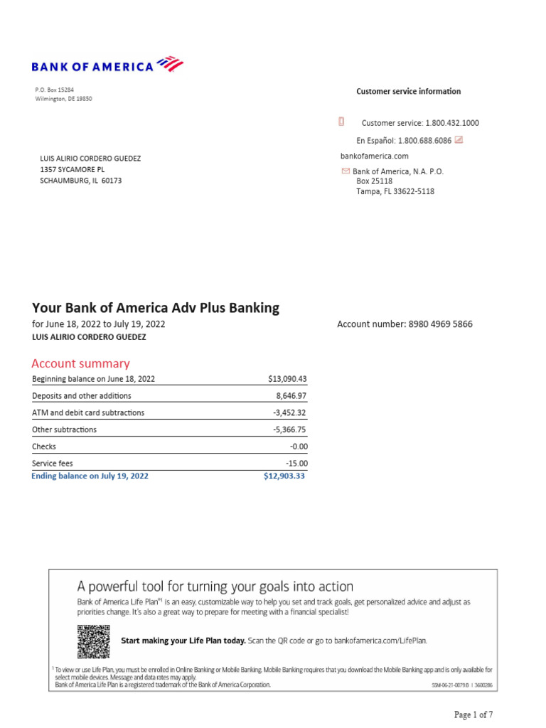 Your Bank of America Adv Plus Banking: Account Summary | PDF | Credit ...