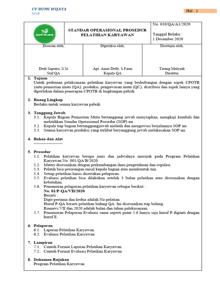 SOP Pelatihan Karyawan Edit | PDF