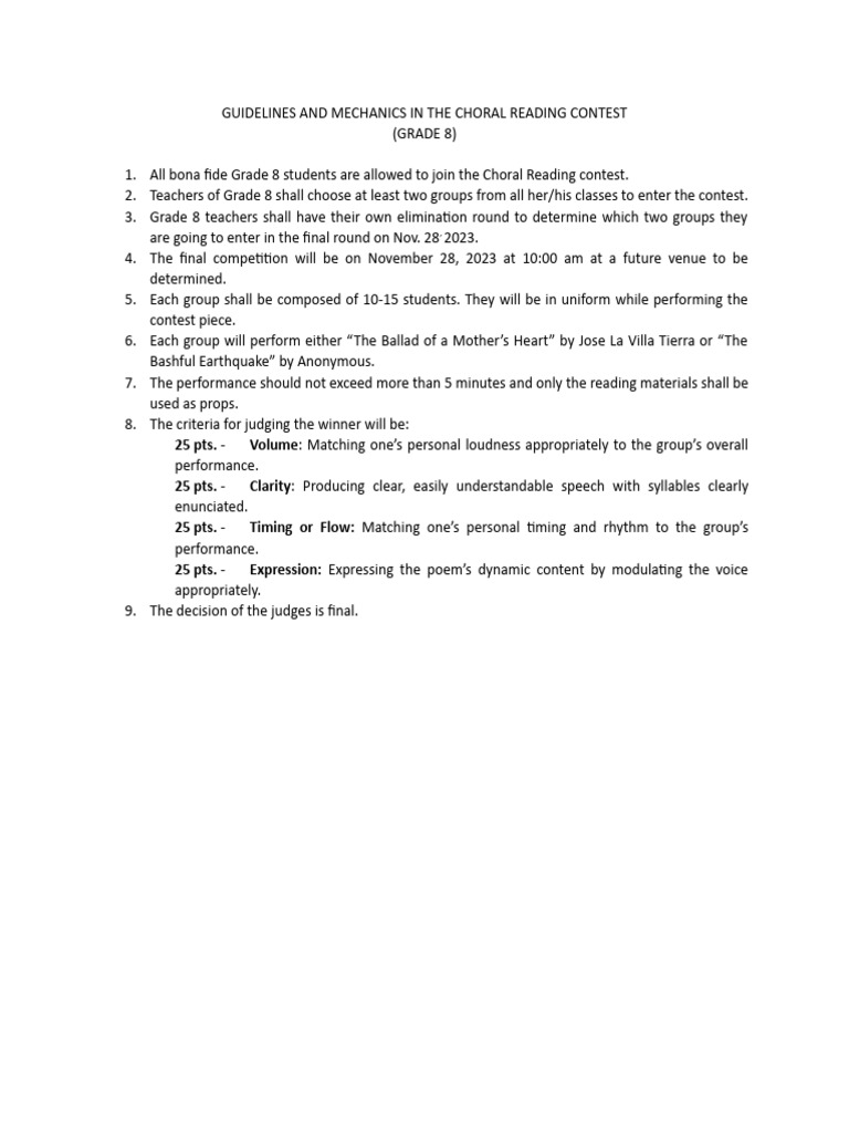 Guidelines For Choral Reading Contest | PDF