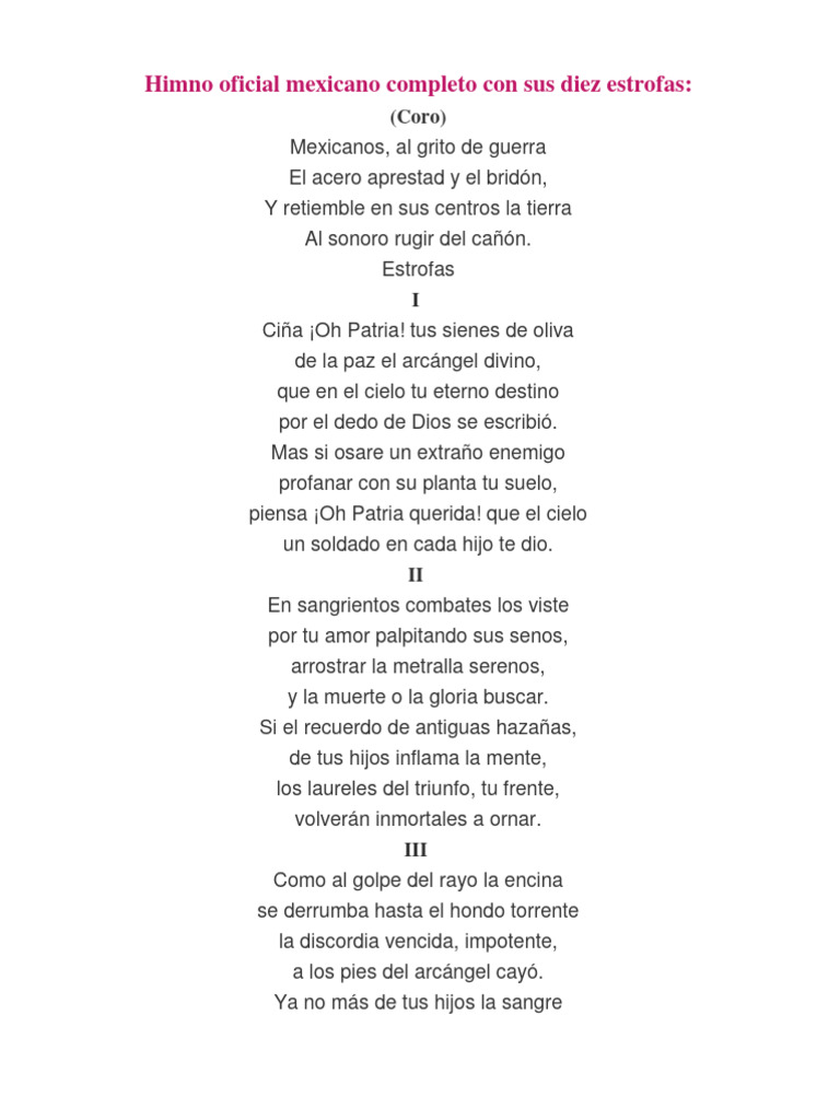 Himno Oficial Mexicano Completo Con Sus Diez Estrofas | PDF