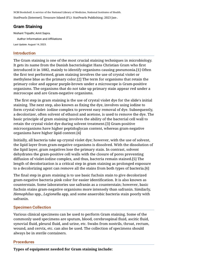 Gram Staining - StatPearls - NCBI Bookshelf | PDF