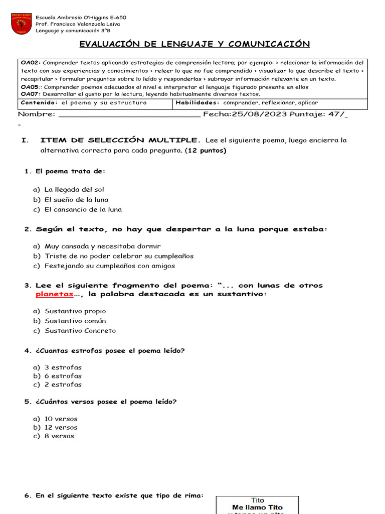 Evaluación El Poema y Su Estructura | PDF