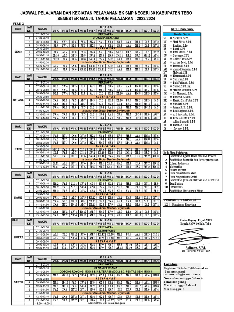 Revisi Jadwal Pelajaran Kurmer 2023-2024 | PDF