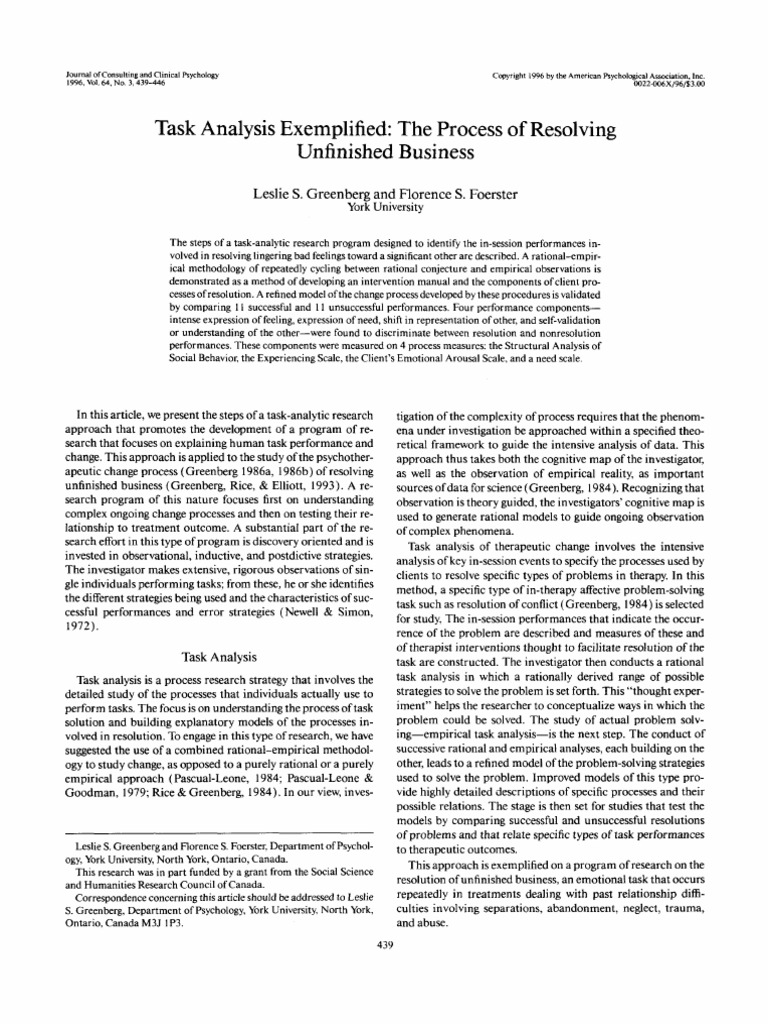 Task Analysis Exemplified: The Process of Resolving Unfinished Business | PDF