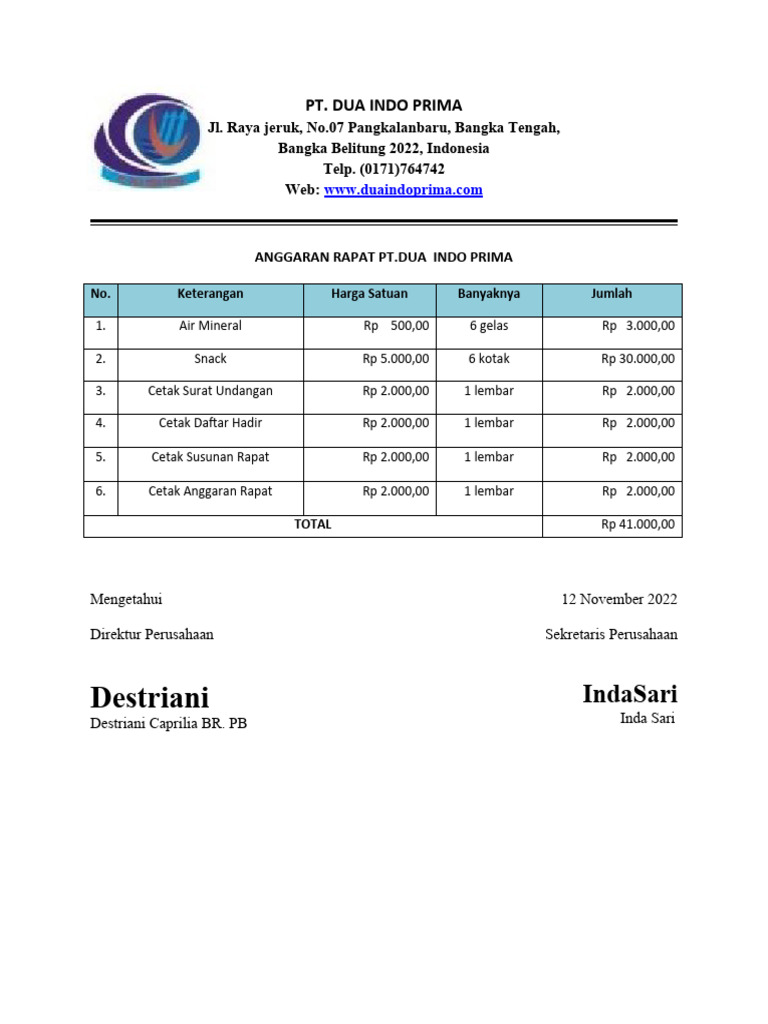 Surat Anggaran Rapat | PDF
