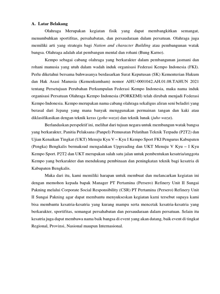 PROPOSAL UPGREADING DAN UKT FKI KABUPATEN BENGKALIS TAHUN 2023 FIX | PDF