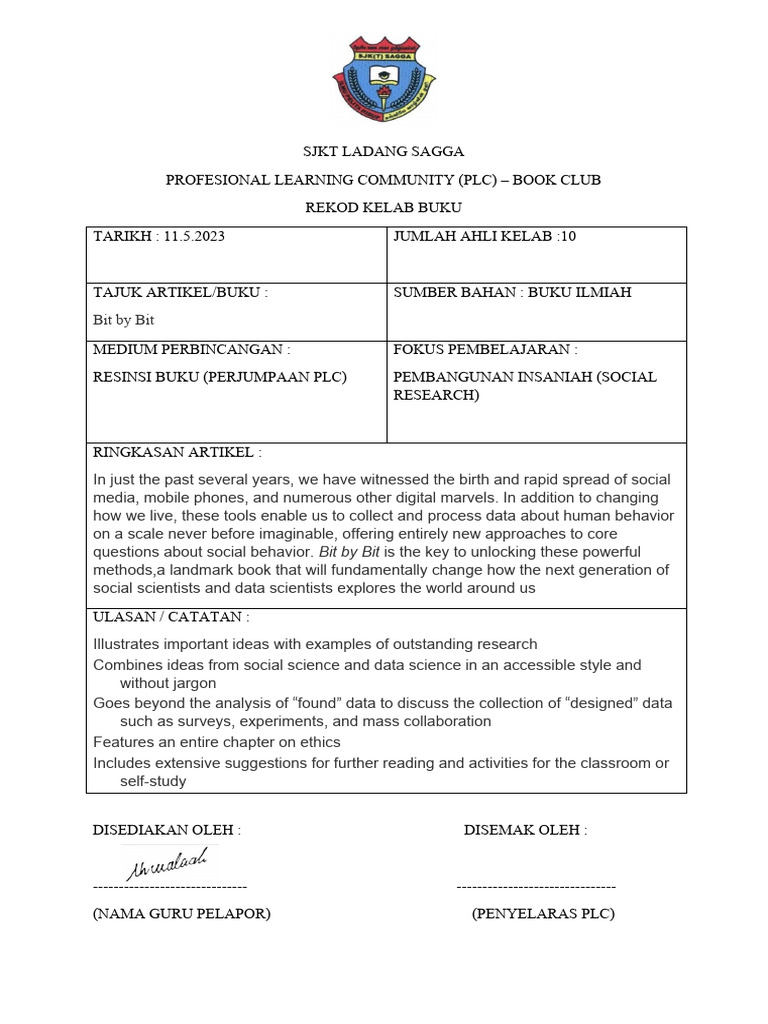 Rekod Kelab Buku PLC SJKT Ladang Sagga | PDF