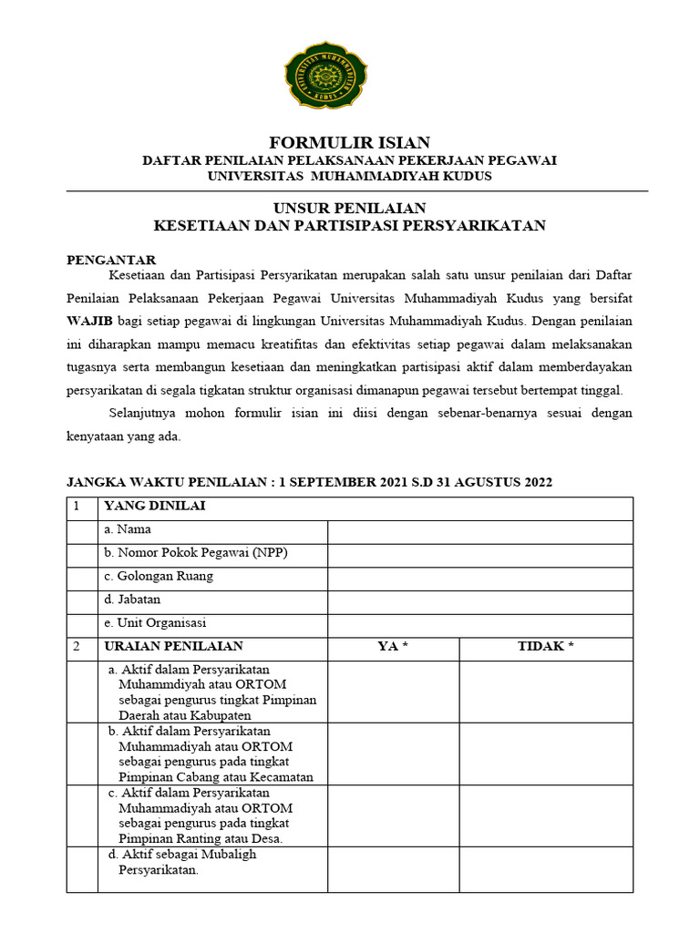 FORM PERSYARIKATAN PENILAIAN PEGAWAI-DP3 -UMKU (1) | PDF