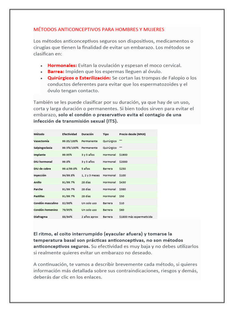MÉTODOS ANTICONCEPTIVOS PARA HOMBRES Y MUJERES GHFGHFG | PDF | Salud y ...