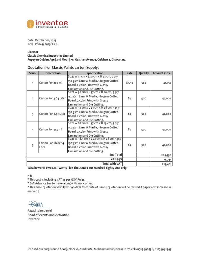Carton Supply Quotation for Classic Paints | PDF