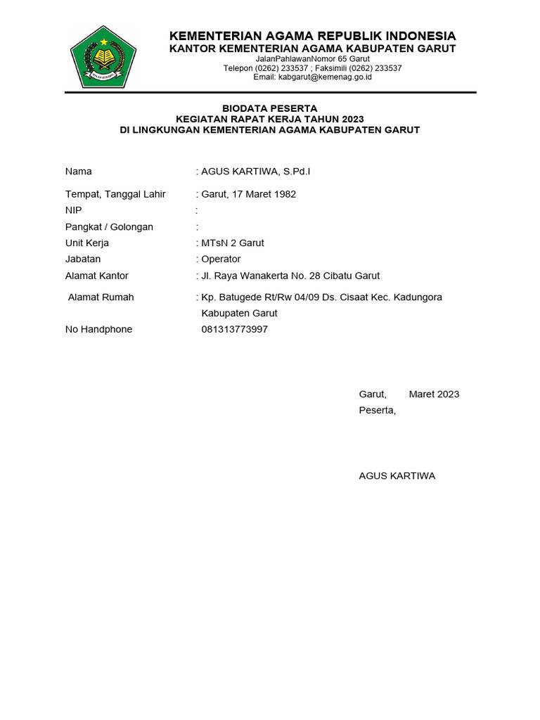 Biodata Peserta Raker (Kepala TU MAN 1 Garut) | PDF