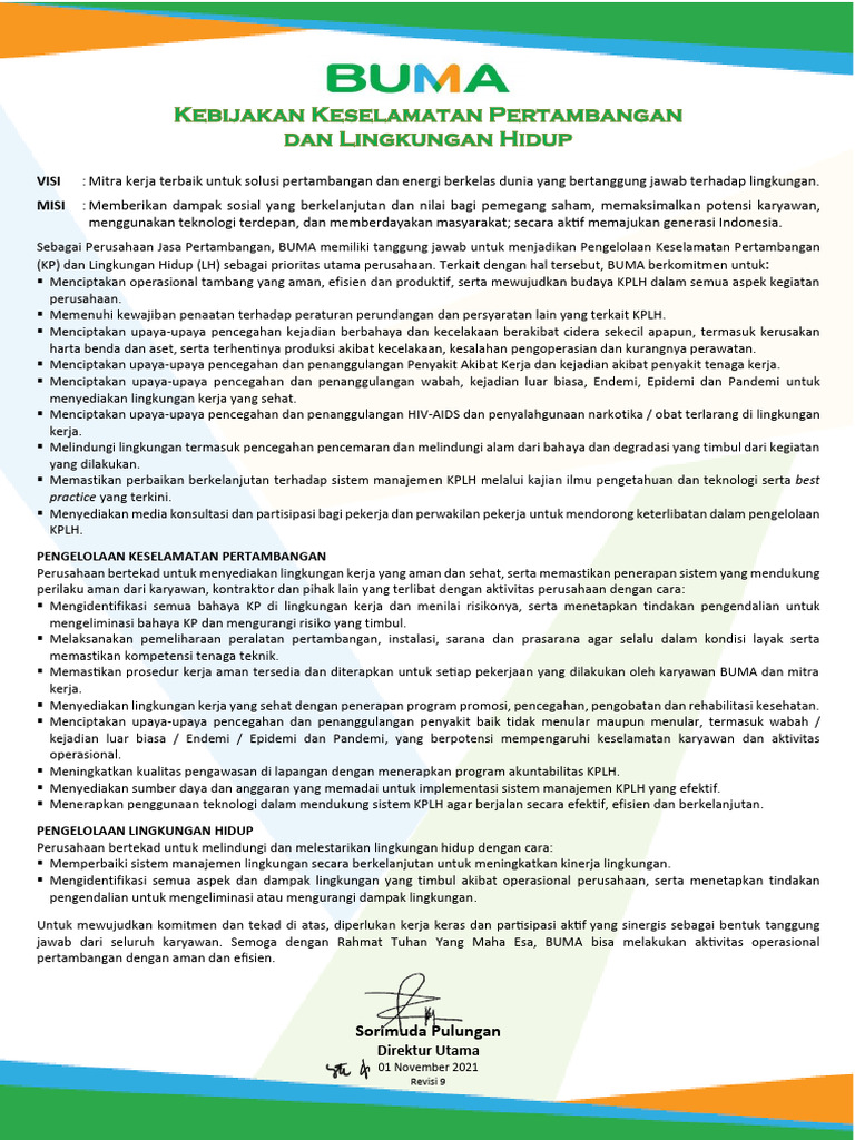 Kebijakan KPLH November 2021 Rev. 9 - BUMA | PDF