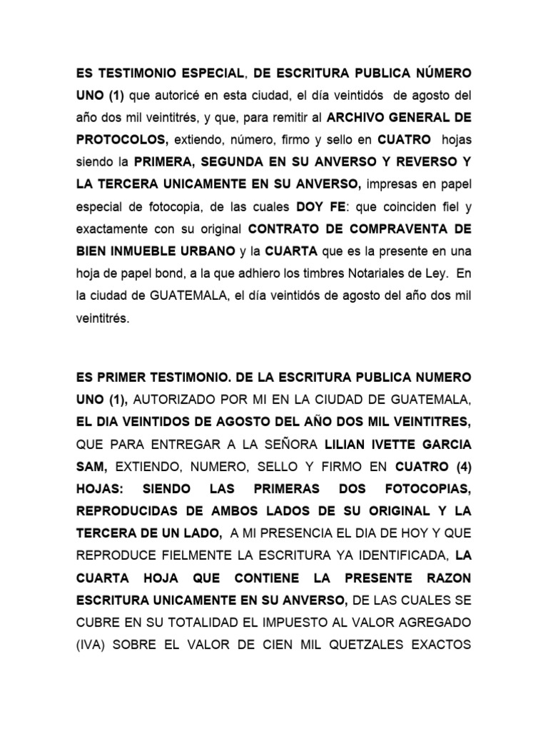 EJEMPLO DE TESTIMONIO ESPECIAL | PDF