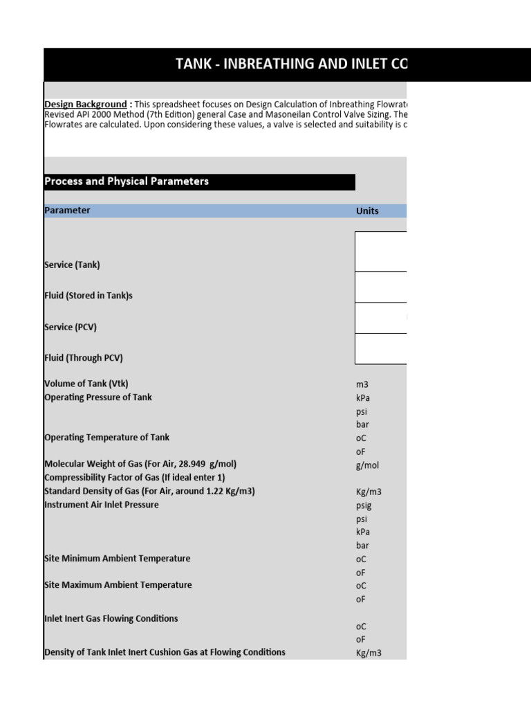 Spreadsheet - Gas Blanketed Tanks - Inbreathing Process Calculations | PDF