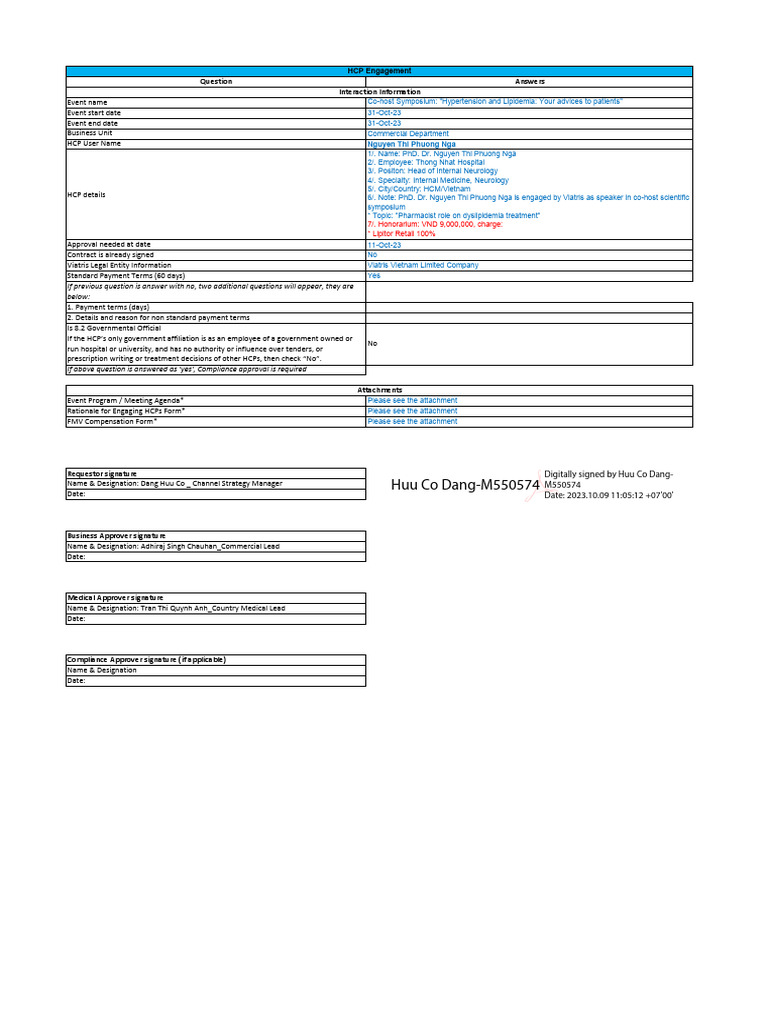 HCP Engagement Form - HIPPO - DR Nguyen Thi Phuong Nga - 31oct23 | PDF ...