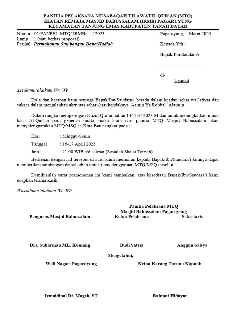 Proposal MTQ 2023 | PDF | Agama & Spiritualitas