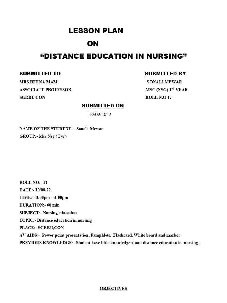 Distance Education in Nursing Lesson Plan | PDF