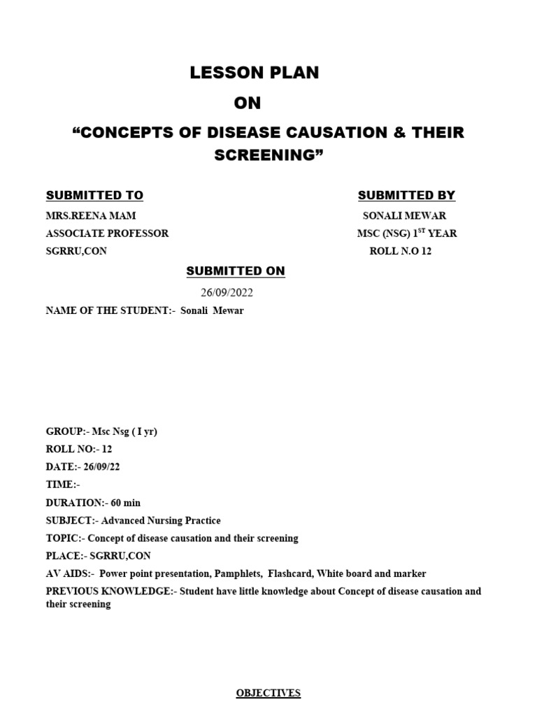 Disease Causation & Screening Lesson | PDF | Causality | Lesson Plan