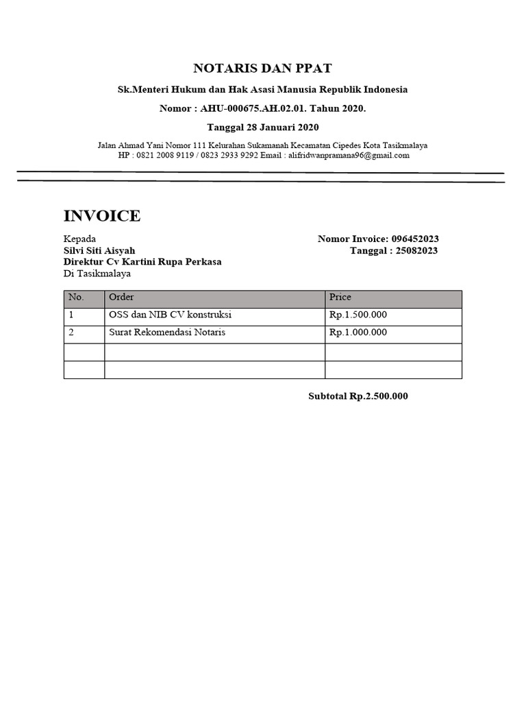 Invoice Surat Rekom Dan Nib Kontruksi Ibu Silvi | PDF
