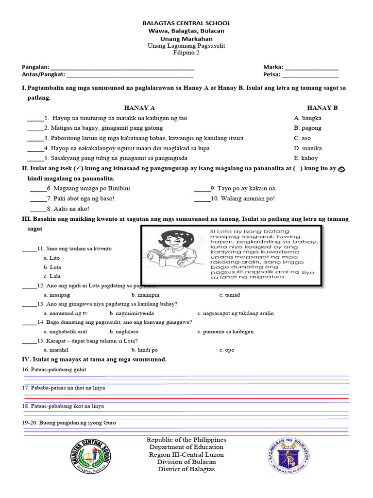 1st Summative Test in FILIPINO With TOS | PDF