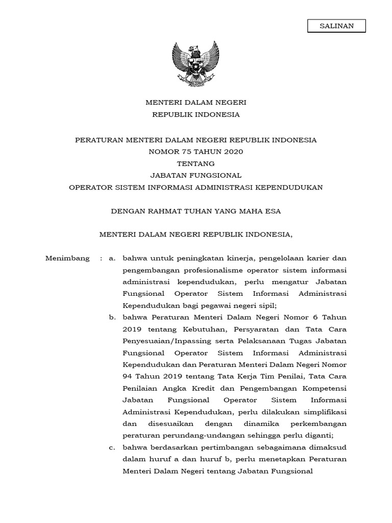 PMDN No 75 Tahun 2020 Tentang Jabatan Fungsional Operator SIAK | PDF