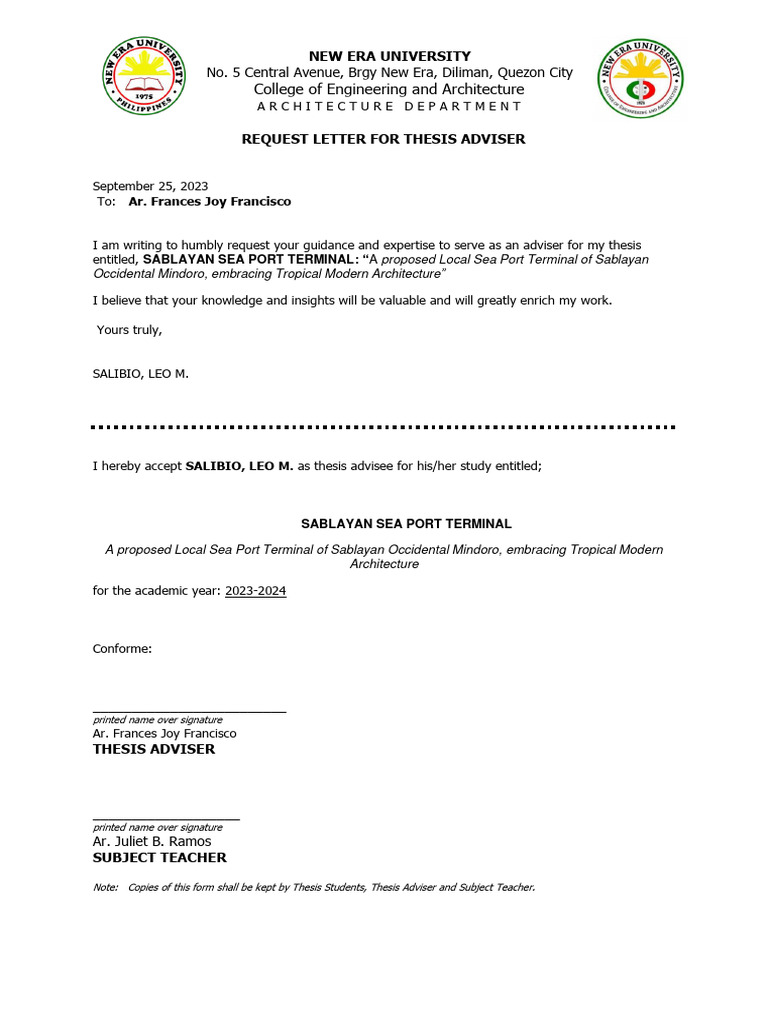 2023-NEU Request Letter For Thesis Adviser (SALIBIO) | PDF