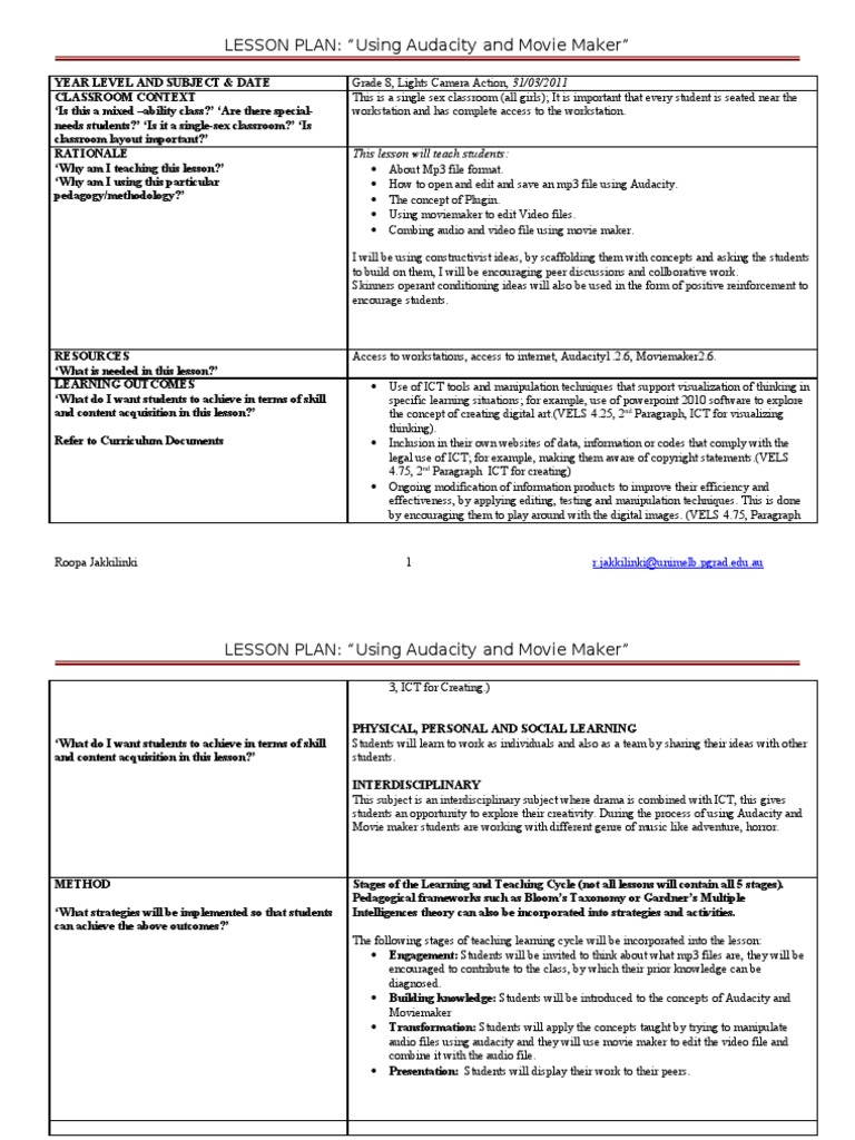 Lesson Plan Audacity& Moviemaker - Lca1.2 | PDF | Educational ...