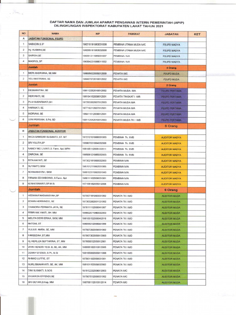 Daftar Nama Aparat Pengawas Intern pemerintah (APIP) - Inspektorat | PDF