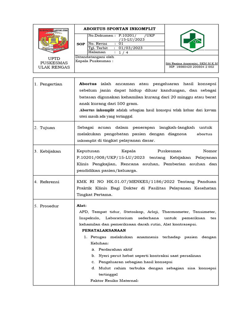 Sop Abortus Spontan Inkomplit 2023 | PDF