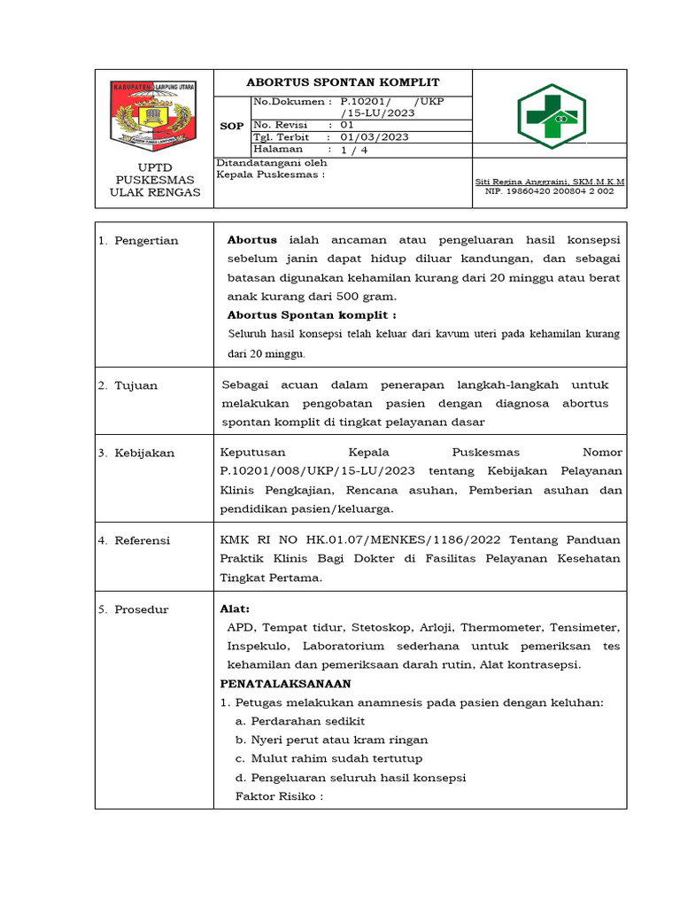 SOP Abortus Spontan Komplit Puskesmas | PDF | Self-Improvement ...