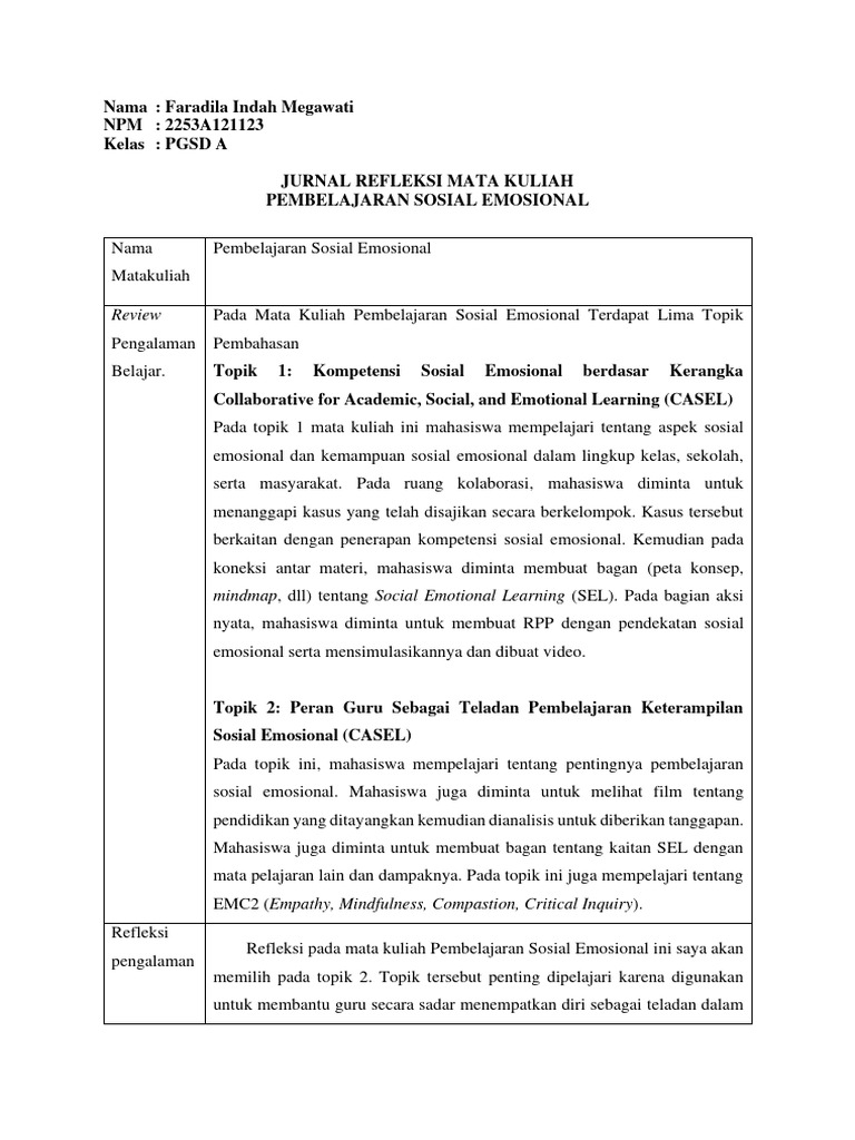 Jurnal Refleksi_Pembelajaran Sosial Emosional | PDF