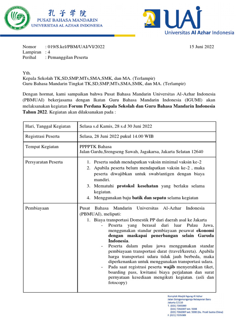 Surat Undangan Forum KS Dan Guru Mandarin Juni 2022 | PDF