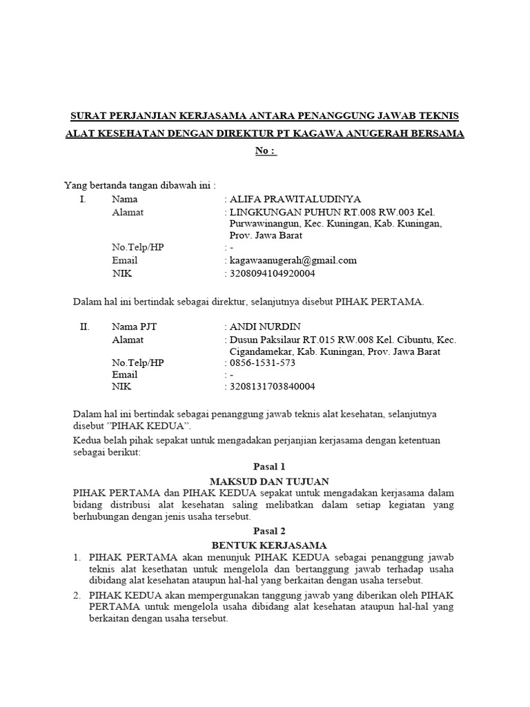 Surat Kerjasama PJT Perusahaan | PDF