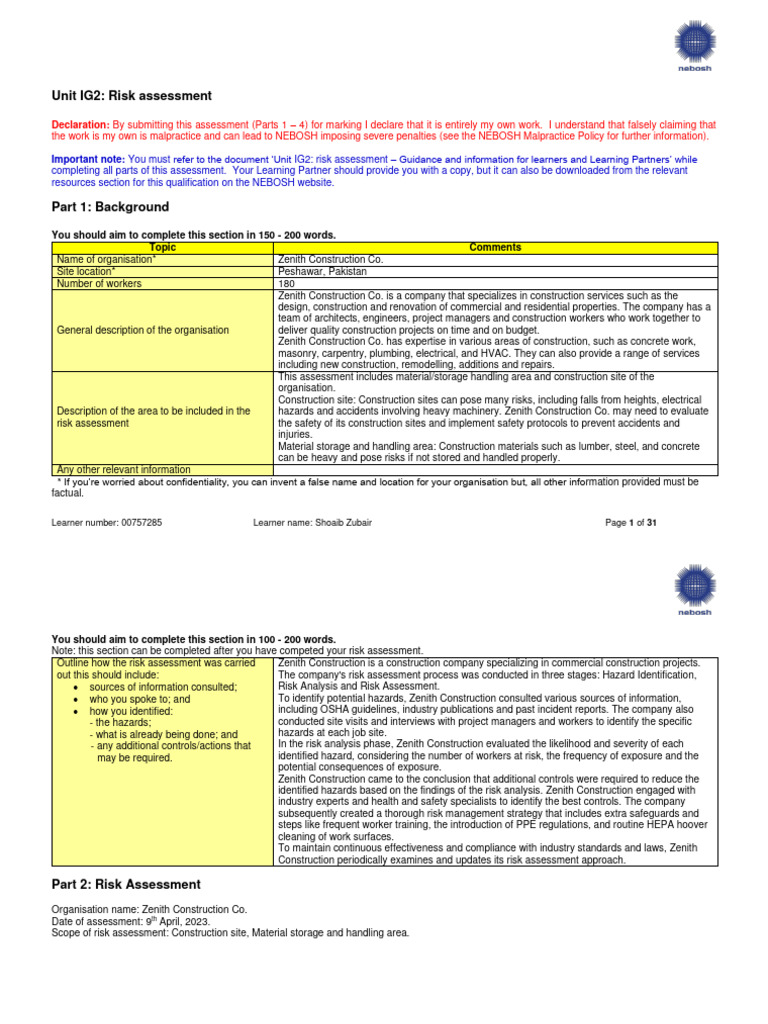 Shoaib Zubair IG2 Risk Assessment Report | PDF
