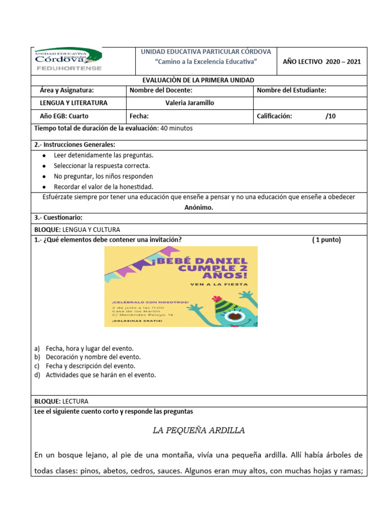 Evaluación Unidad 1 Lengua Cuarto de Básica | PDF