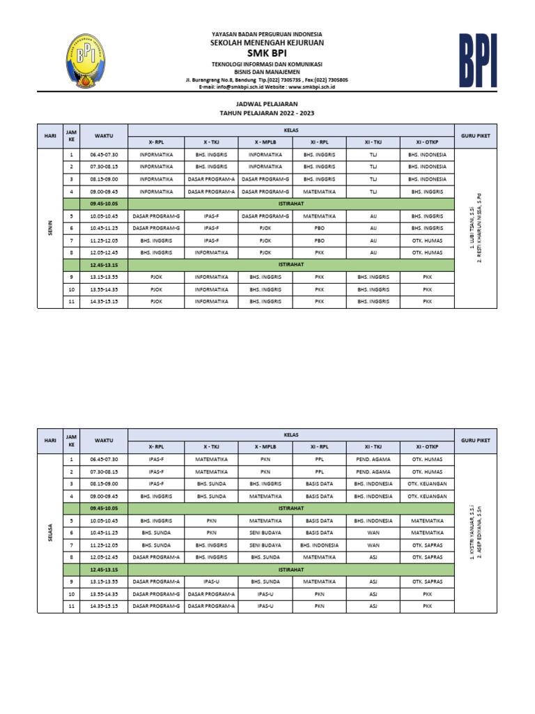 Jadwal SMK Bpi | PDF