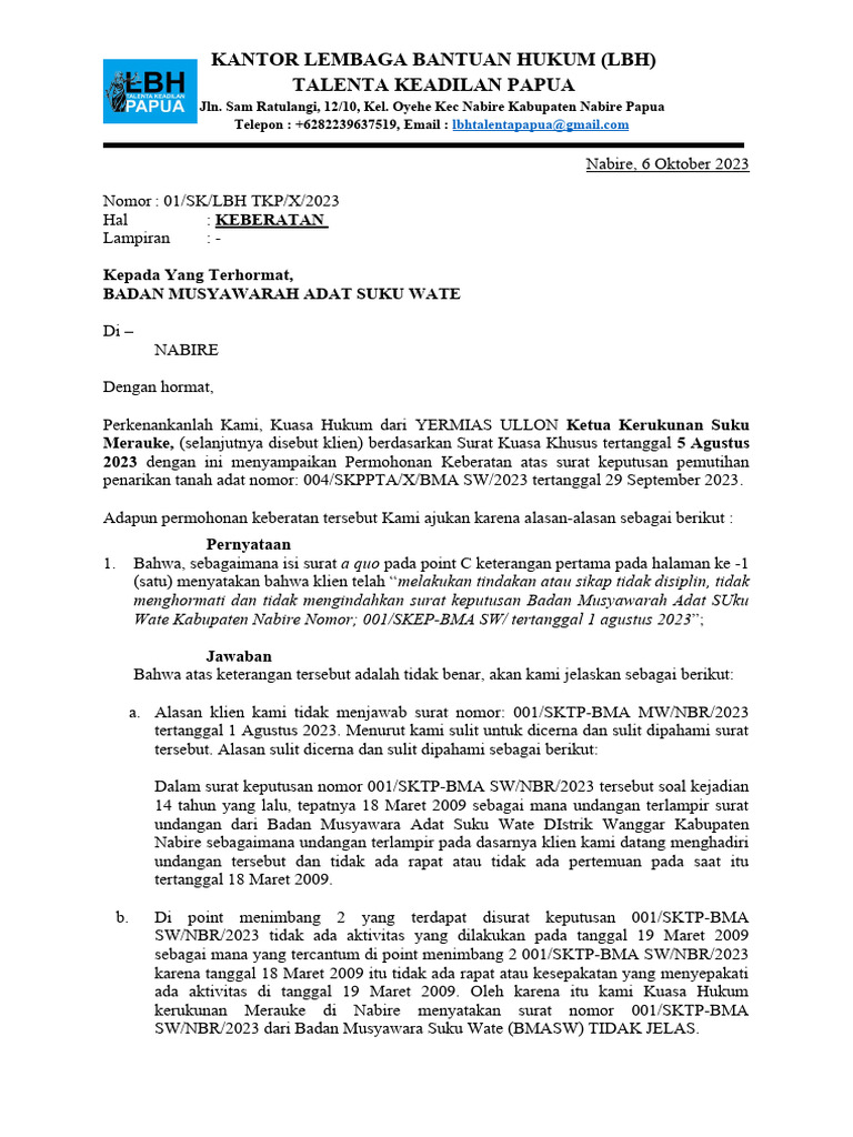 Surat Keberatan LBH | PDF