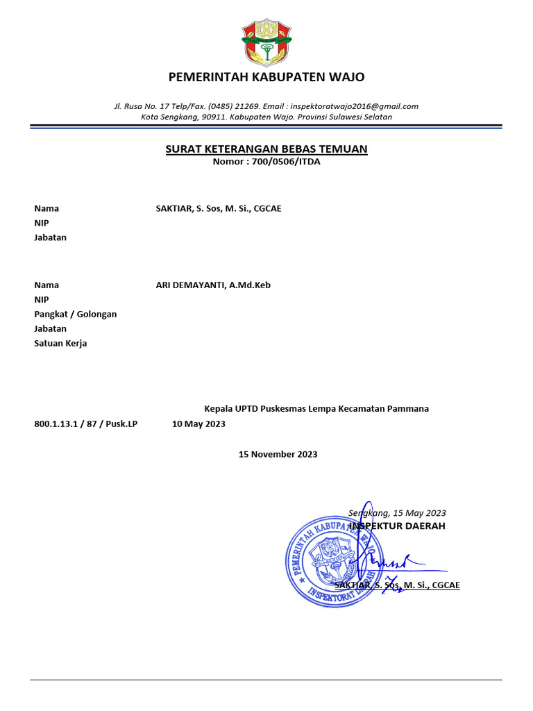 ITDA WAJO Surat Bebas Temuan - 7000506ITDA-1 | PDF