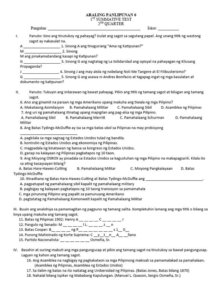 ARALING PANLIPUNAN 6 SUMMATIVE TEST 1 Q2 | PDF