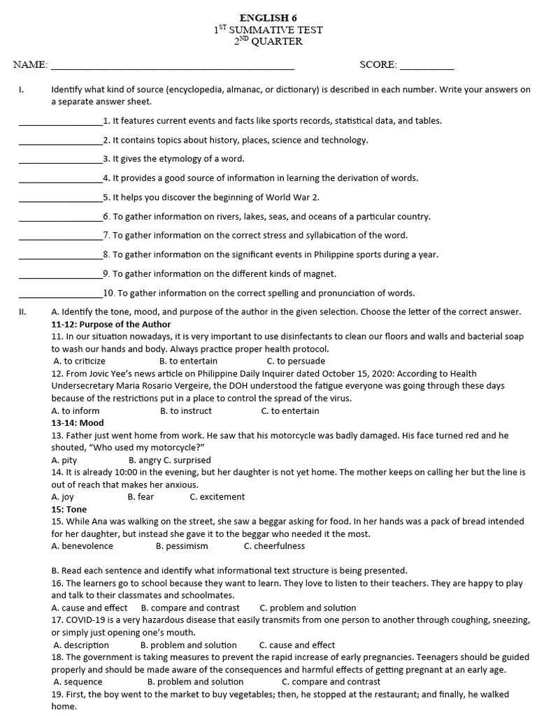 ENGLISH 6 SUMMATIVE TEST 1 QUARTER 2 | PDF
