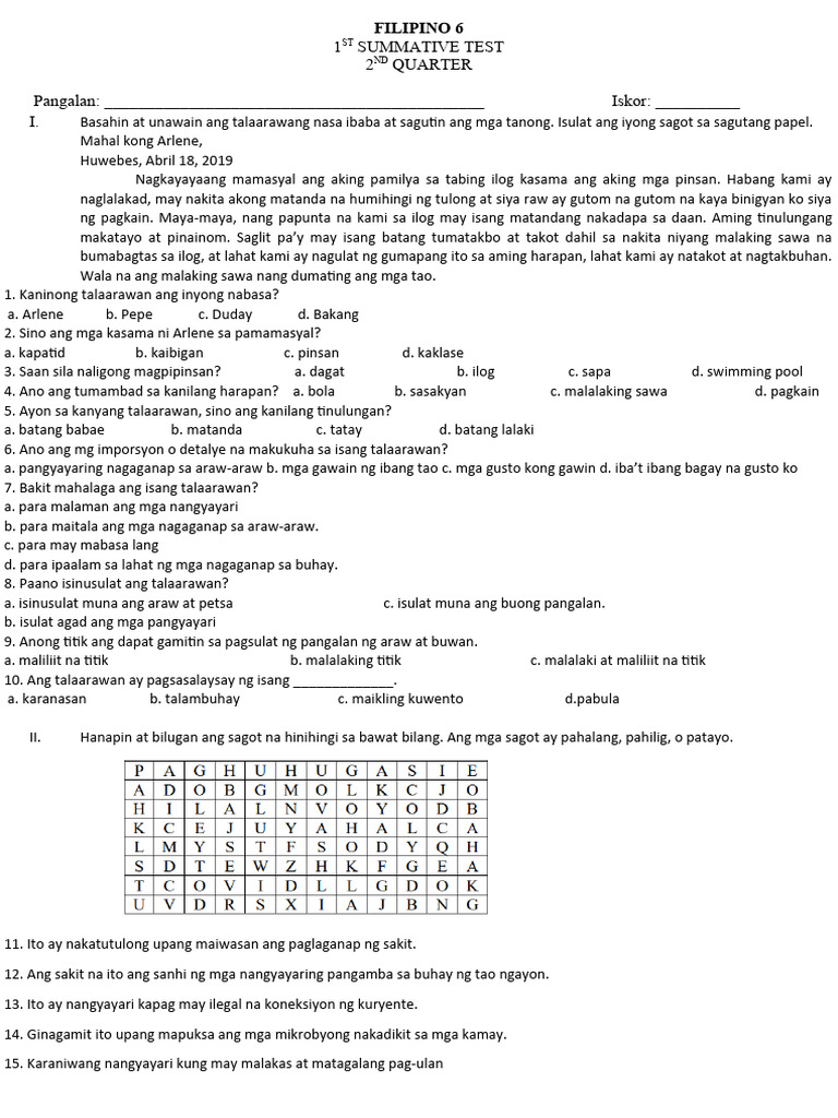 Filipino 6 Summative Test 1 Quarter 2 | PDF