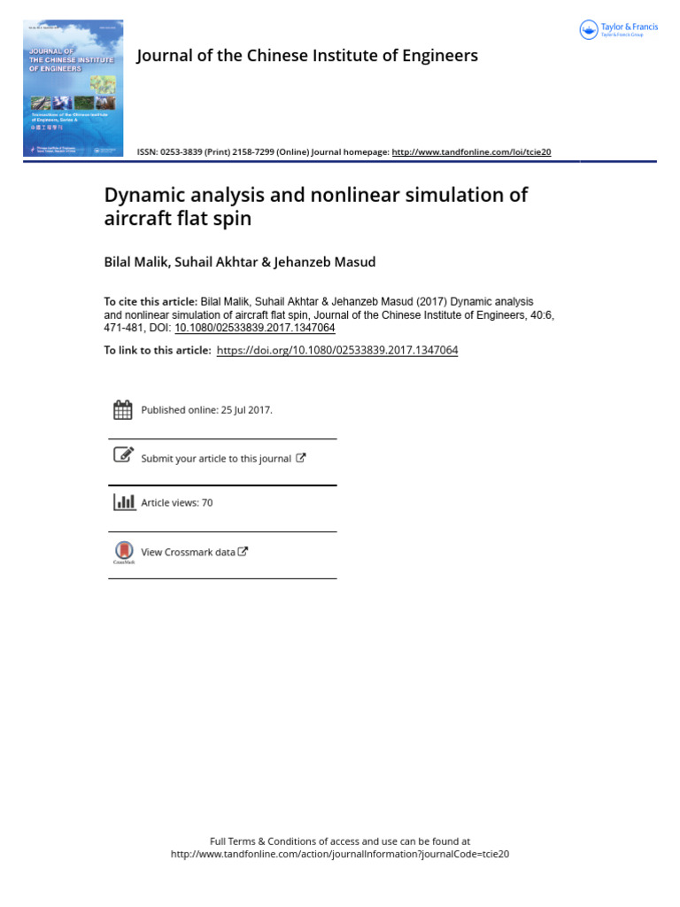 Dynamic Analysis and Nonlinear Simulation of Aircraft Flat Spin | PDF