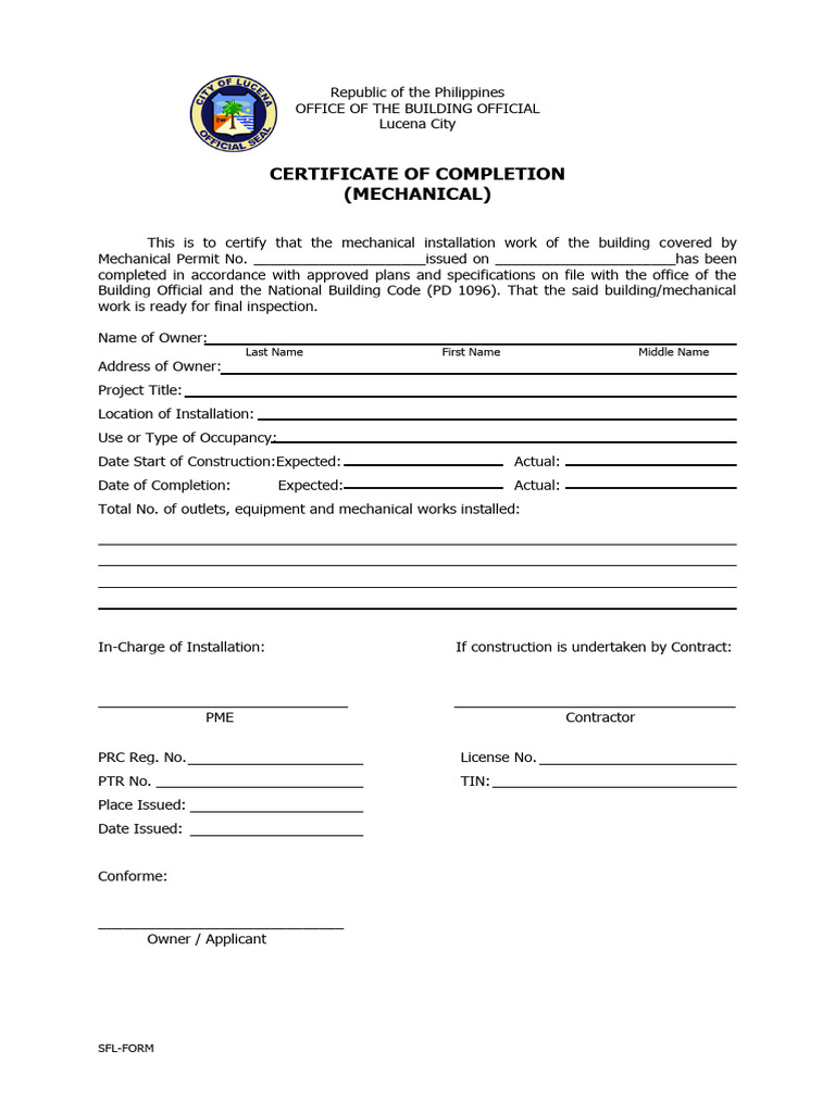 Certificate of Completion For Mechanical | PDF