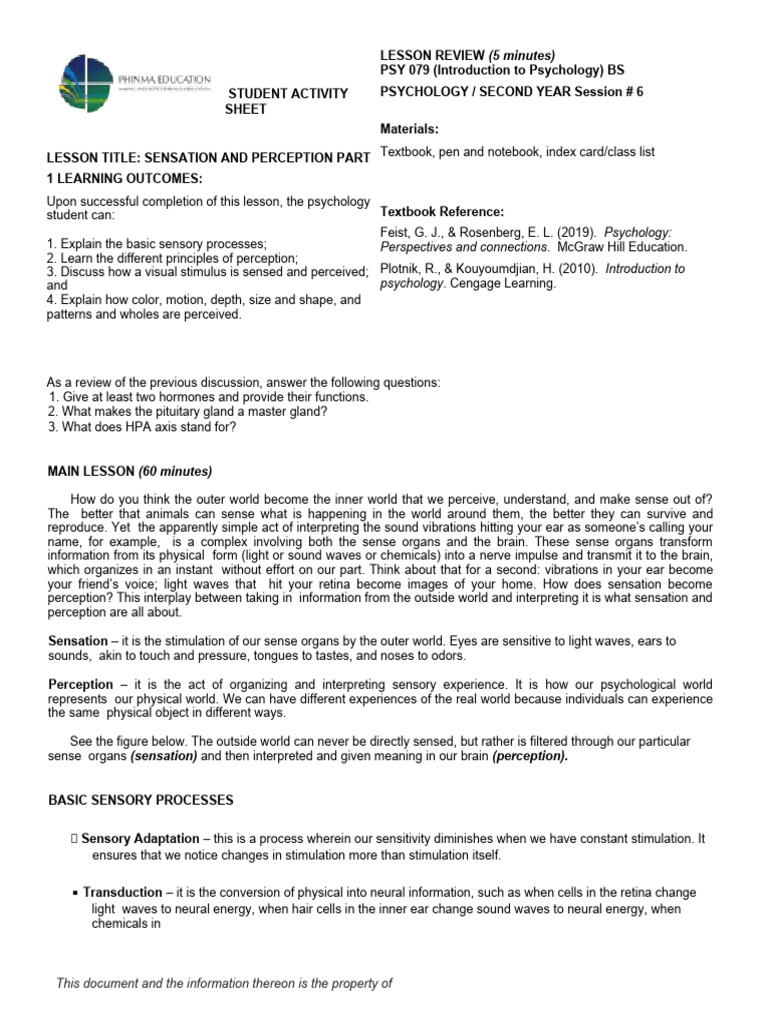 SAS - Session 6 - PSY079 - Intro To Psychology | PDF | Visual System | Perception