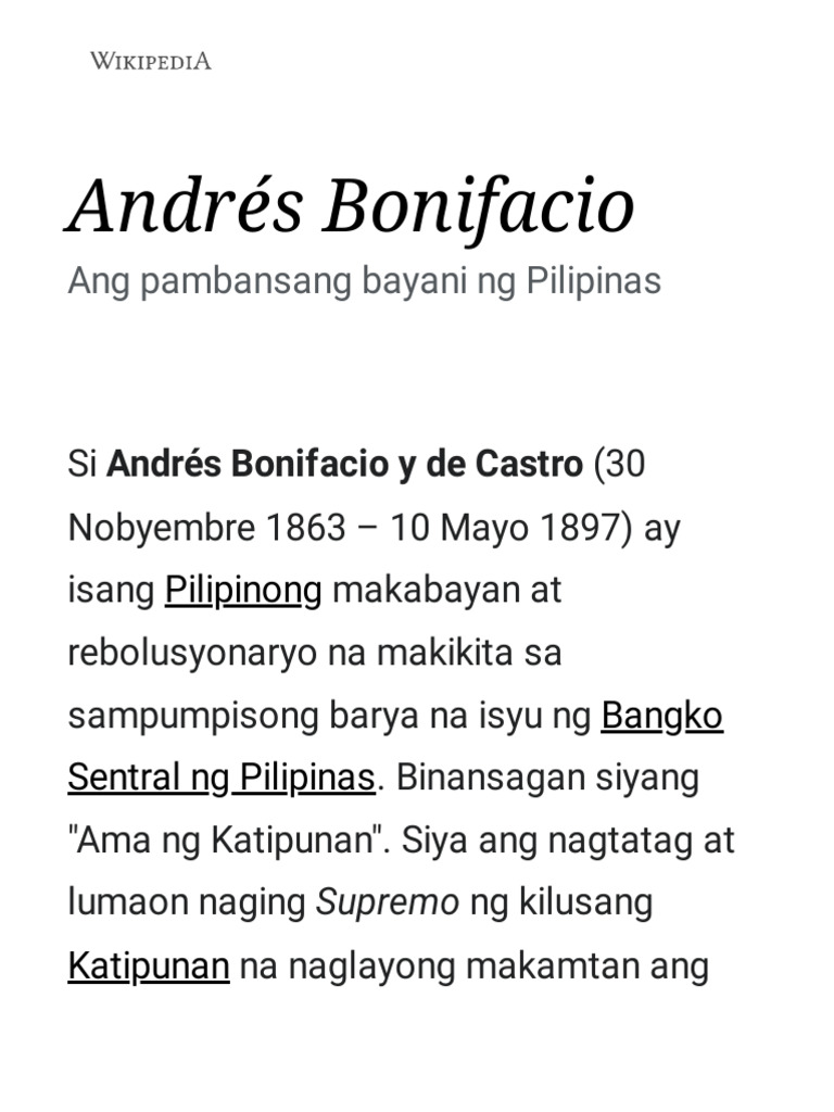 Andrés Bonifacio - Wikipedia, Ang Malayang Ensiklopedya | PDF