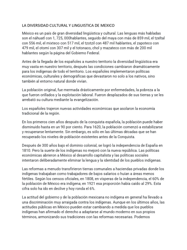 La Diversidad Cultural y Linguistica de Mexico | PDF