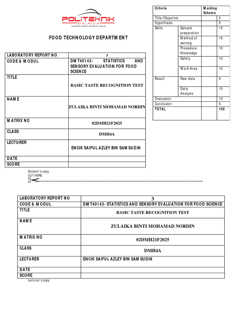 Lab Report Taste | PDF | Taste | Perception