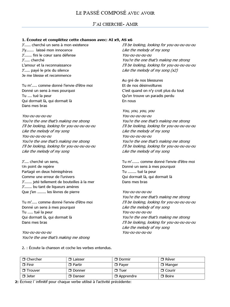 Chanson et exercices sur le passé composé | PDF | Arts du langage et ...
